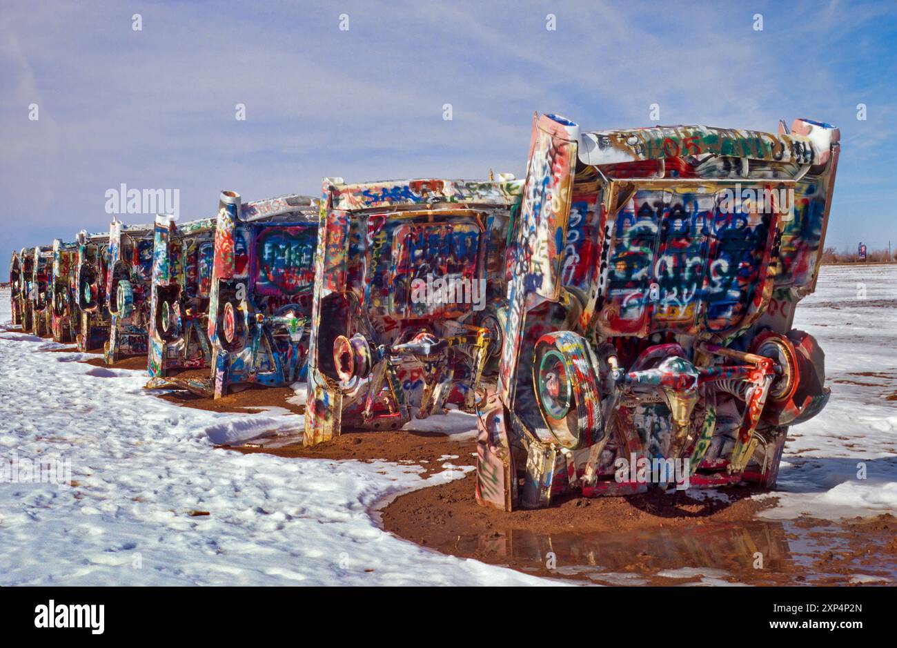 The Cadillac Ranch display, in winter, on Route 66 near Amarillo, Texas ...