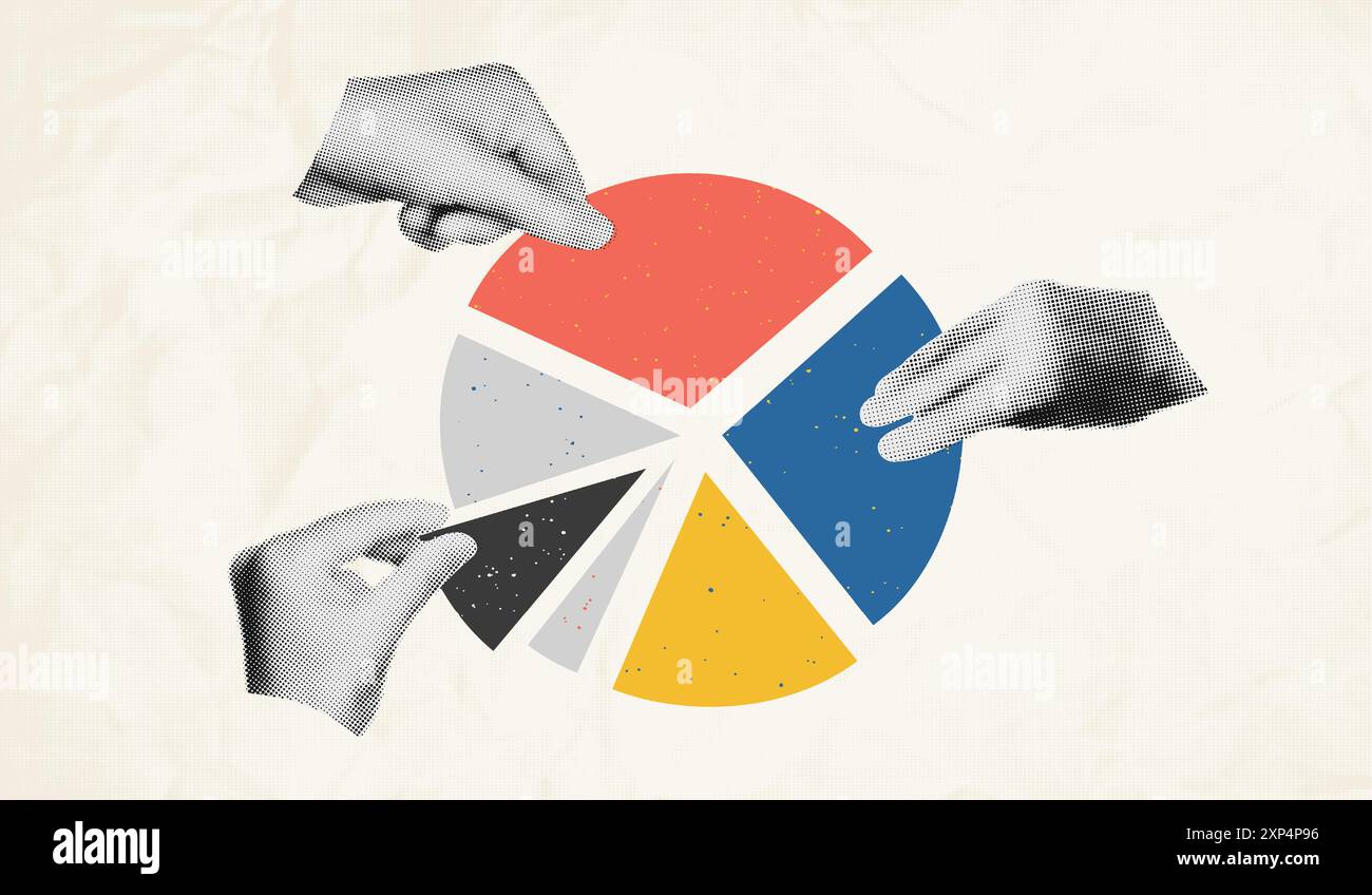 Halftone hands holding pie chart parts collage vector illustration ...