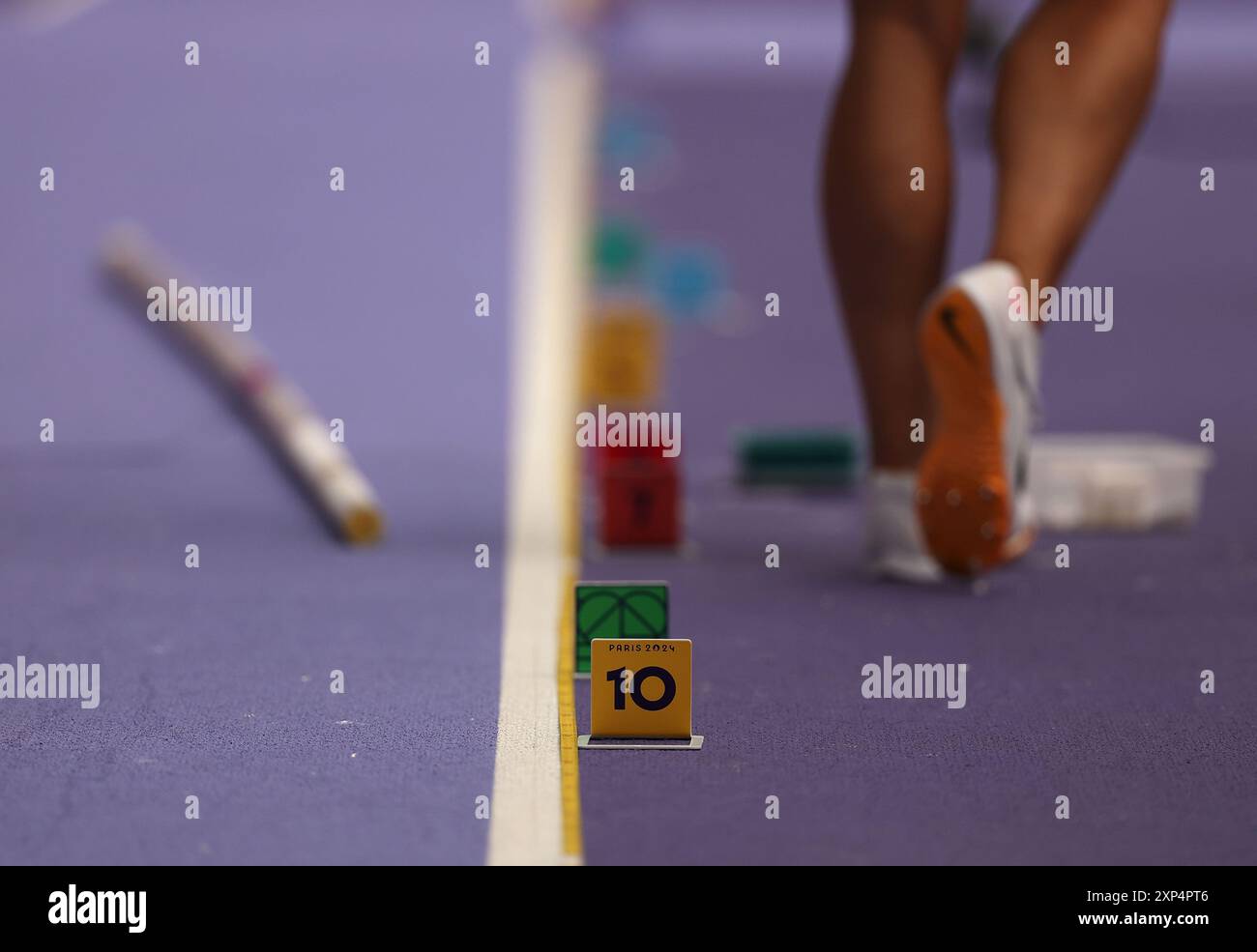 Paris, France. 3rd Aug, 2024. Runway markers are seen on the field ...