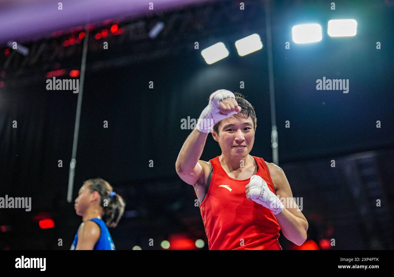 Paris, France. 3rd Aug, 2024. Yang Wenlu of China celebrates after ...