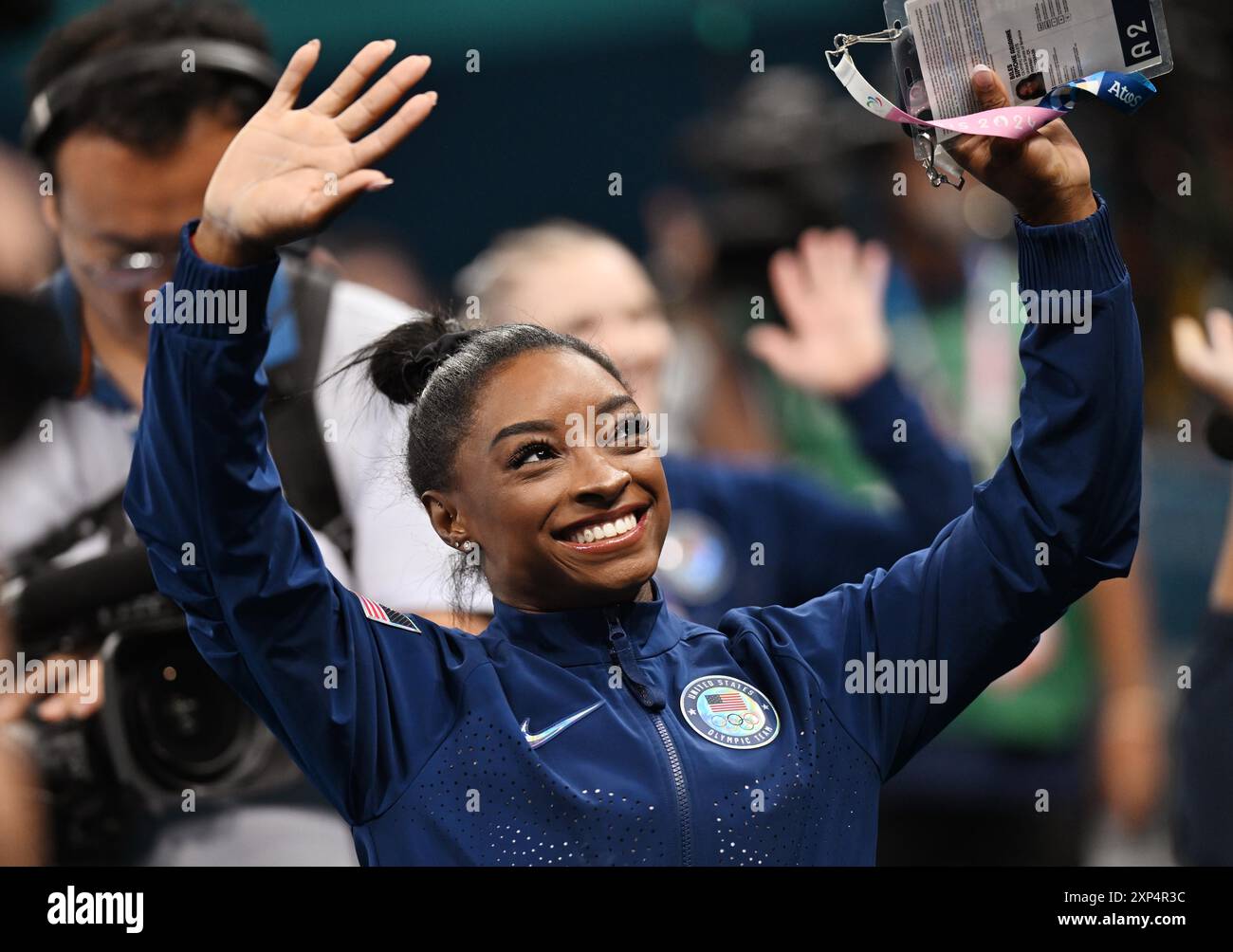 Paris, France. 3rd Aug, 2024. Simone Biles of the United States greets ...