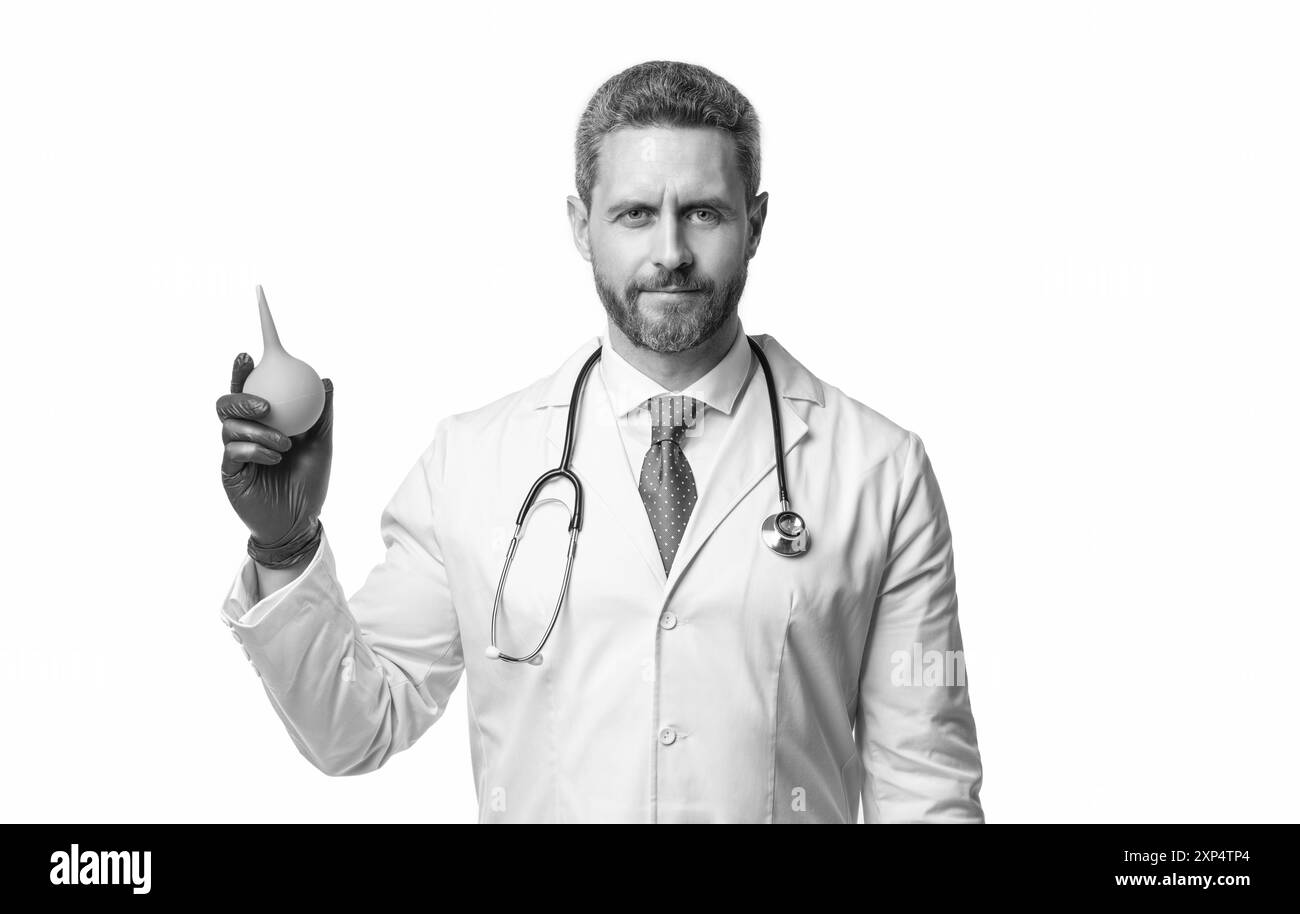 doctor hold lavement isolated on white. lavement for medical procedure ...