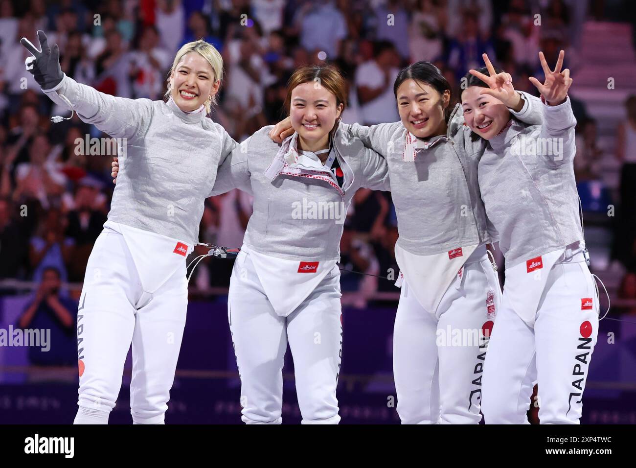 Paris, France. 3rd Aug, 2024. (L to R) Misaki Emura, Seri Ozaki, Shihomi Fukushima, Risa ...