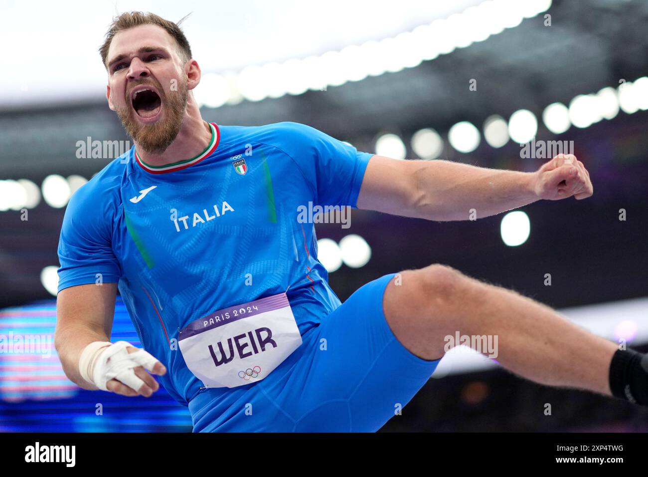 Zane Weir, of Italy, reacts in the men's shot put final at the 2024 ...