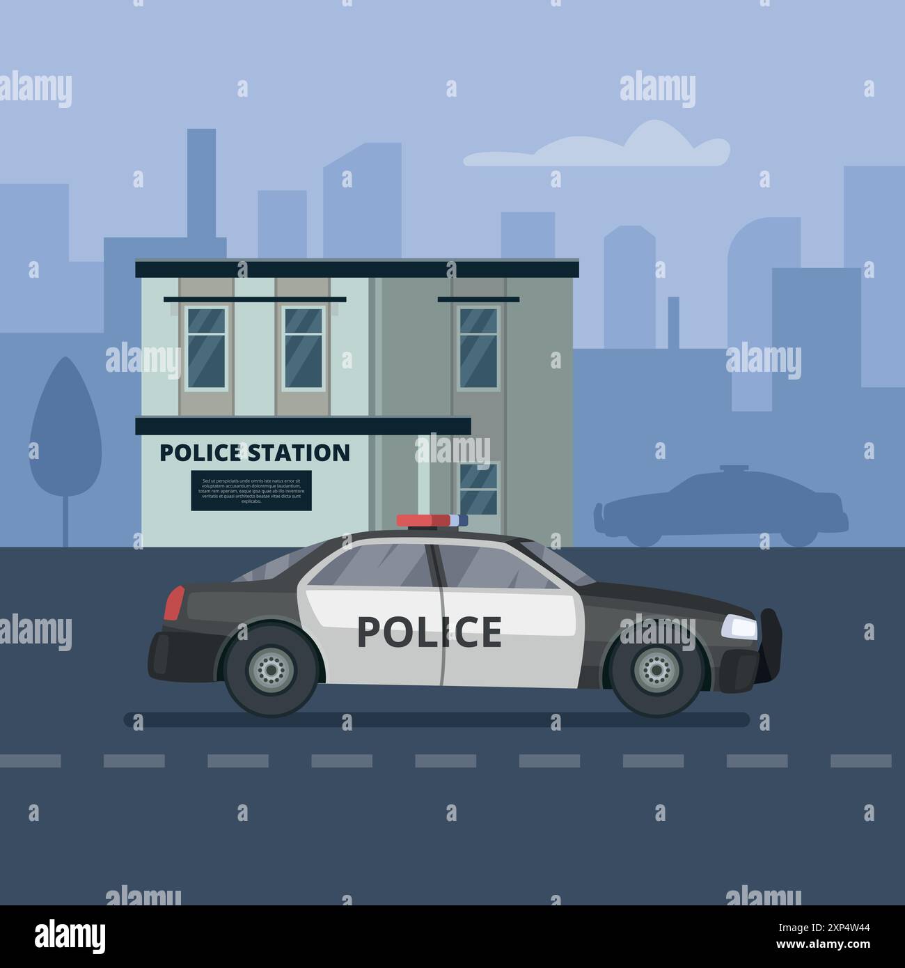 Police station with patrol car. City color illustration Stock Vector ...