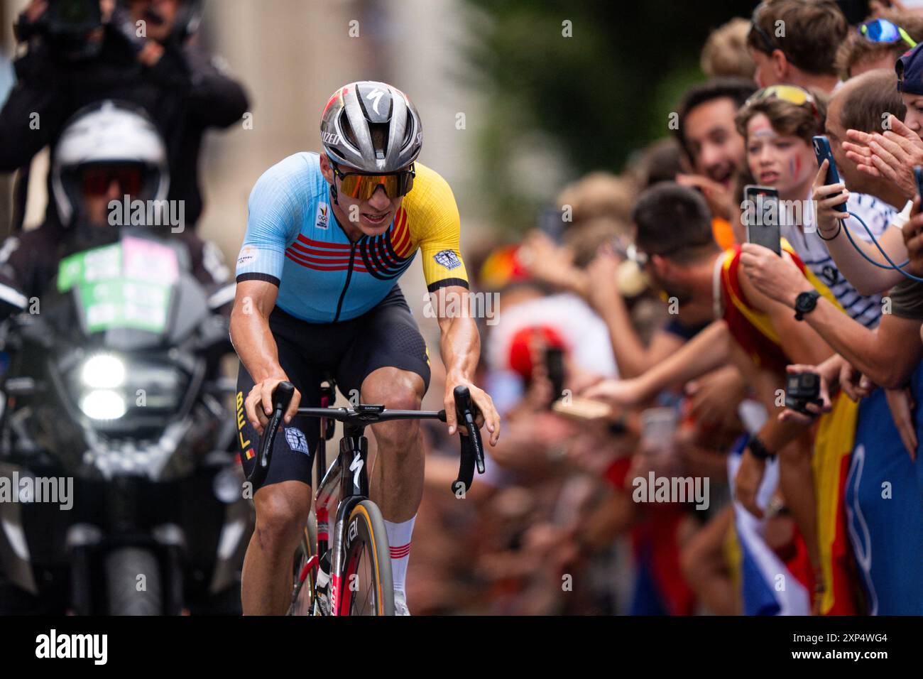 Paris, France. 03rd Aug, 2024. Remco Evenepoel of Team Belgium cycles ...