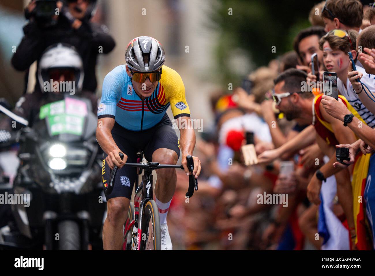 Paris, France. 03rd Aug, 2024. Remco Evenepoel of Team Belgium cycles ...