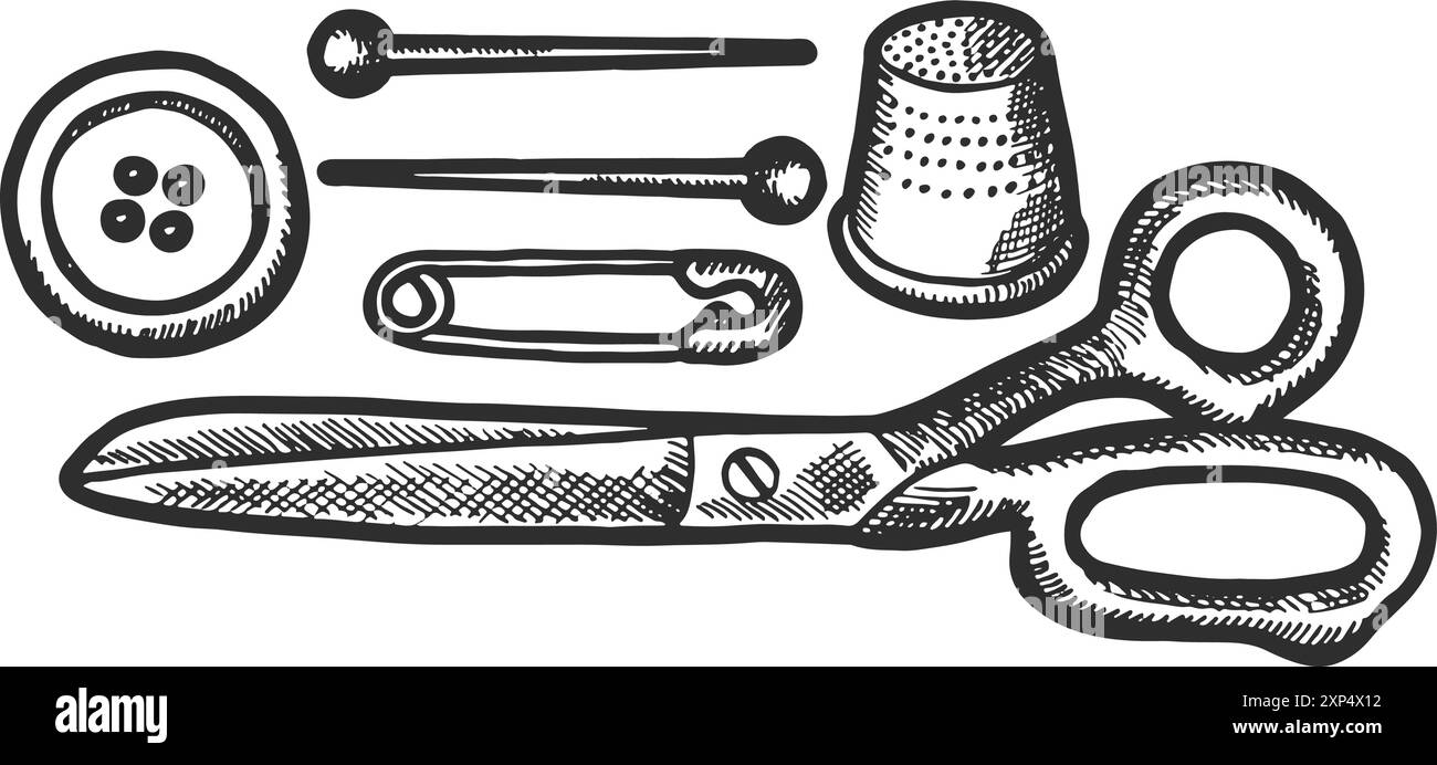 Sewing tools sketch. Tailor hand drawn equipment Stock Vector Image ...