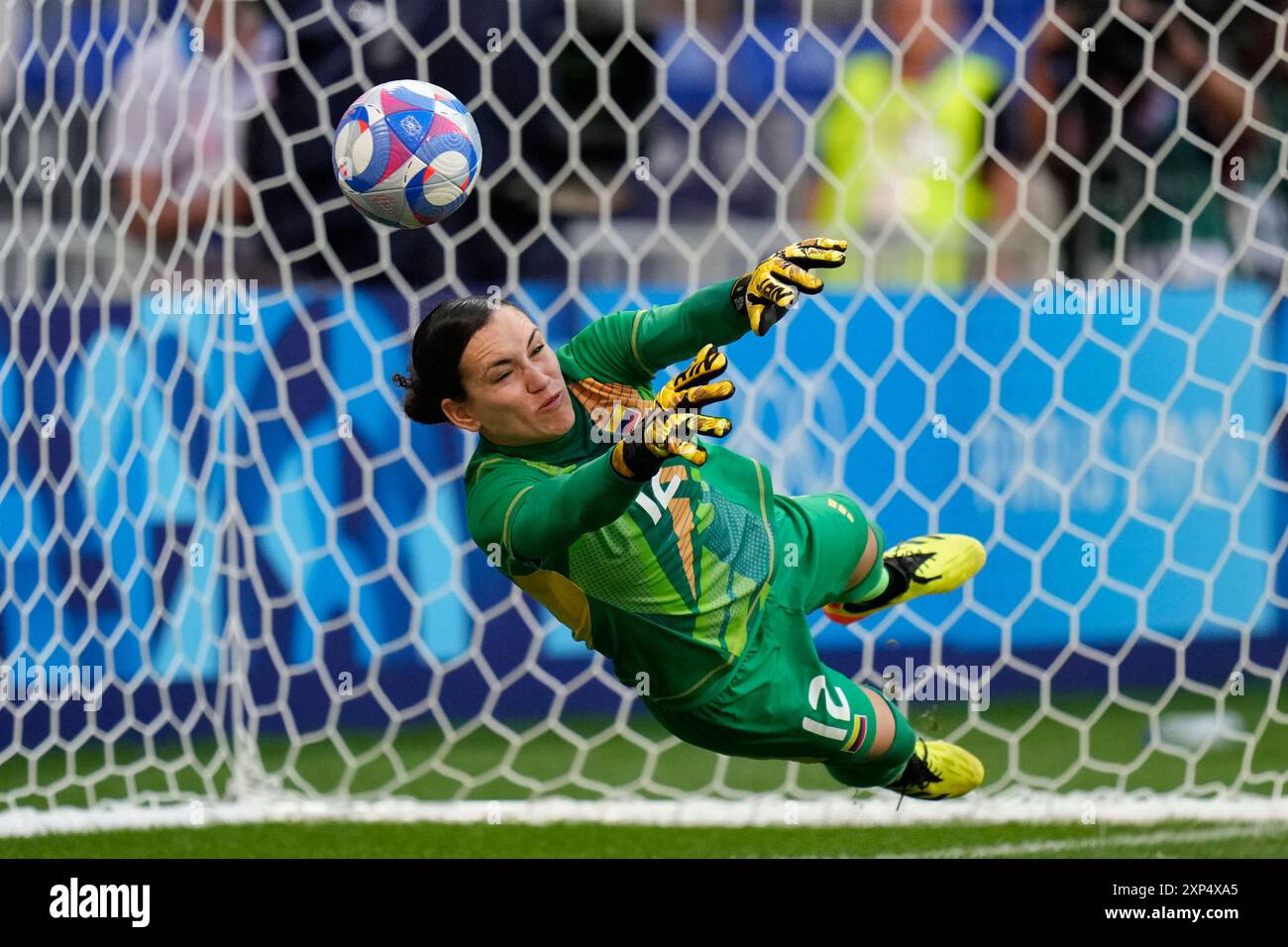 Colombia's goalkeeper Katherine Tapia fails to stop a ball in a penalty ...