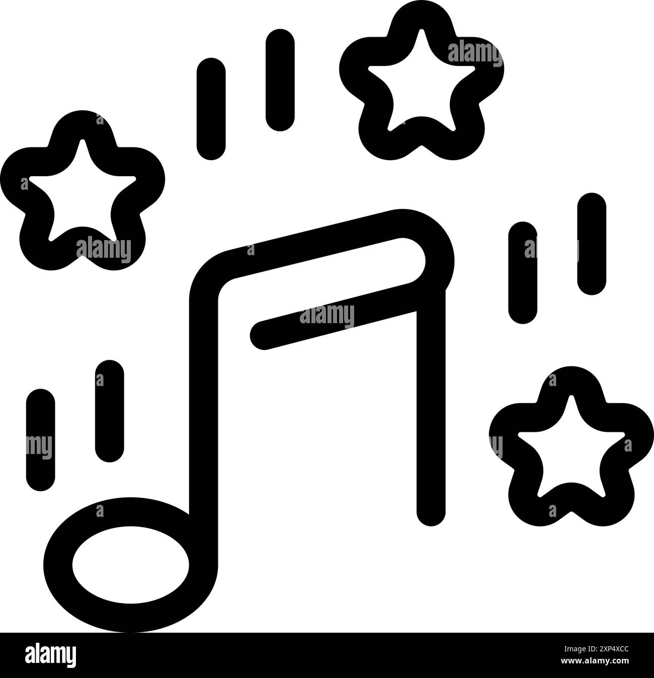 Simple black and white icon of a music note surrounded by stars ...