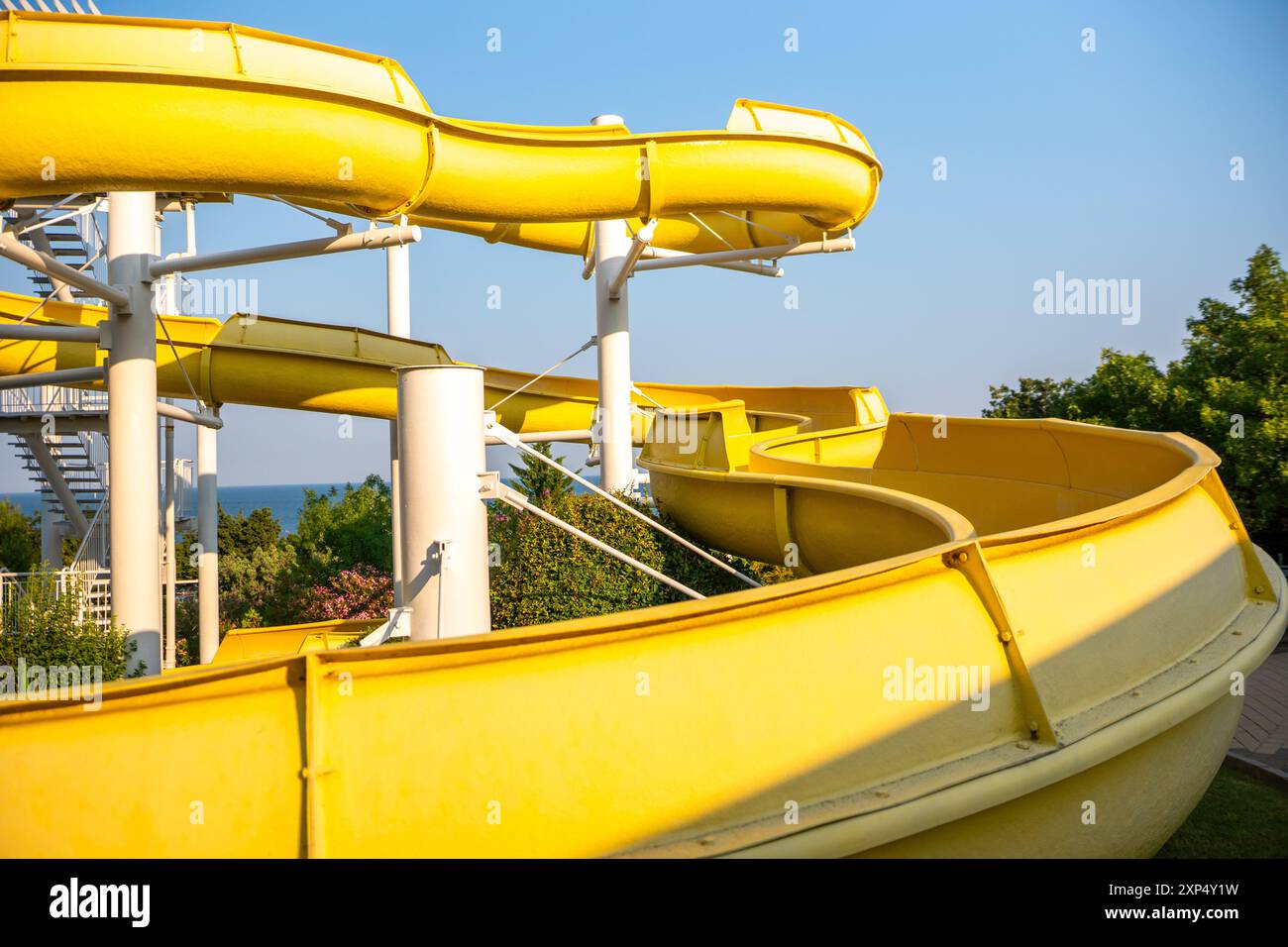 Water Slides, Water Park, Summer Fun - Yellow water slides at a water ...