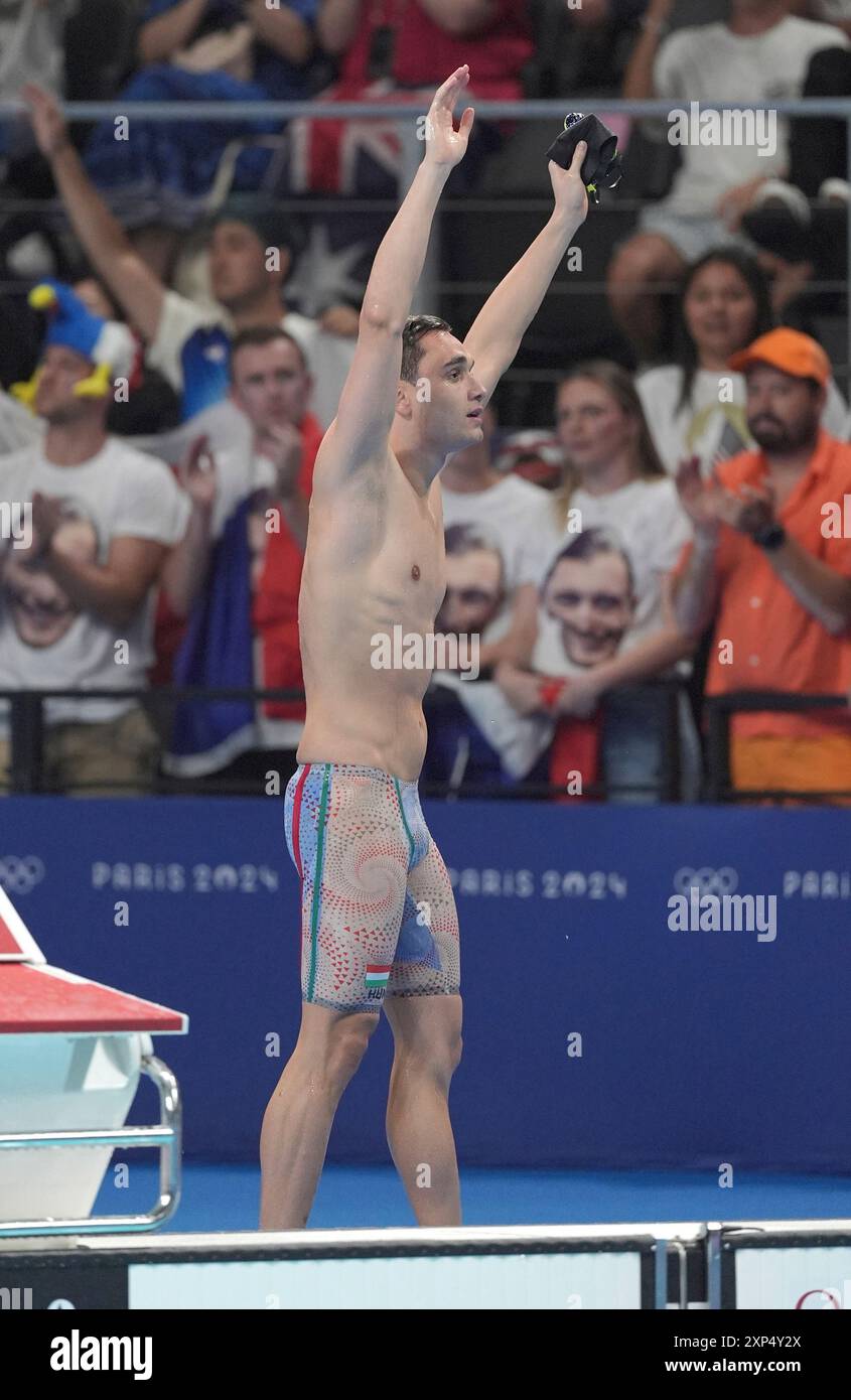 MILAK Kristof of Hungary reacts after winning the Swimming Men's 100 ...