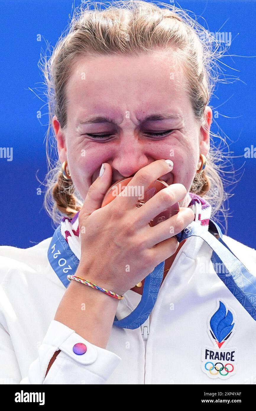 Paris, France. 3rd Aug, 2024. Bronze medalist Lisa Barbelin of France ...