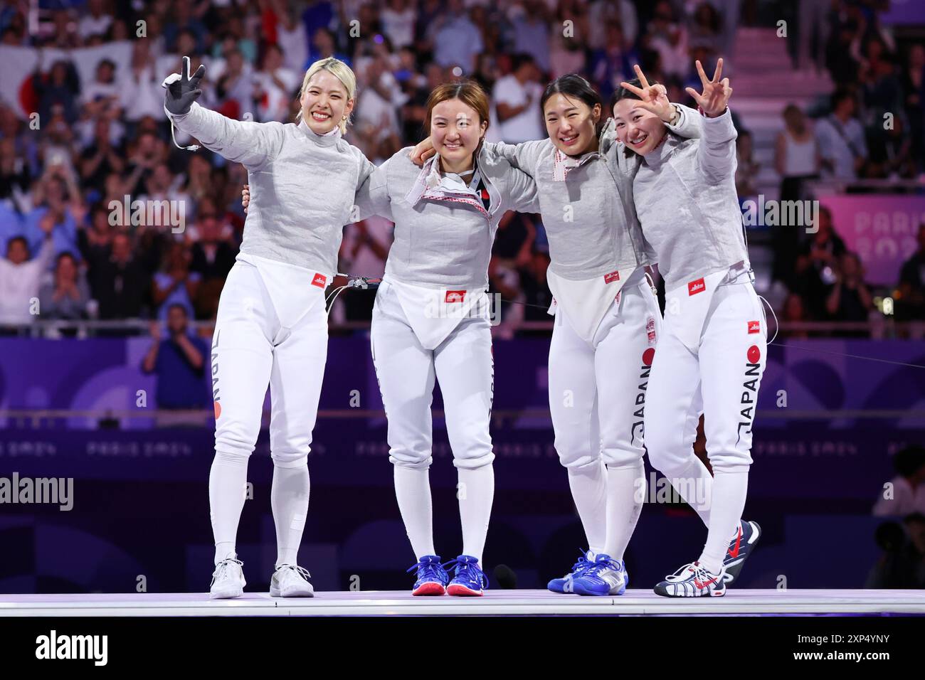 Paris, France. 3rd Aug, 2024. (L to R) Misaki Emura, Seri Ozaki, Shihomi Fukushima, Risa ...