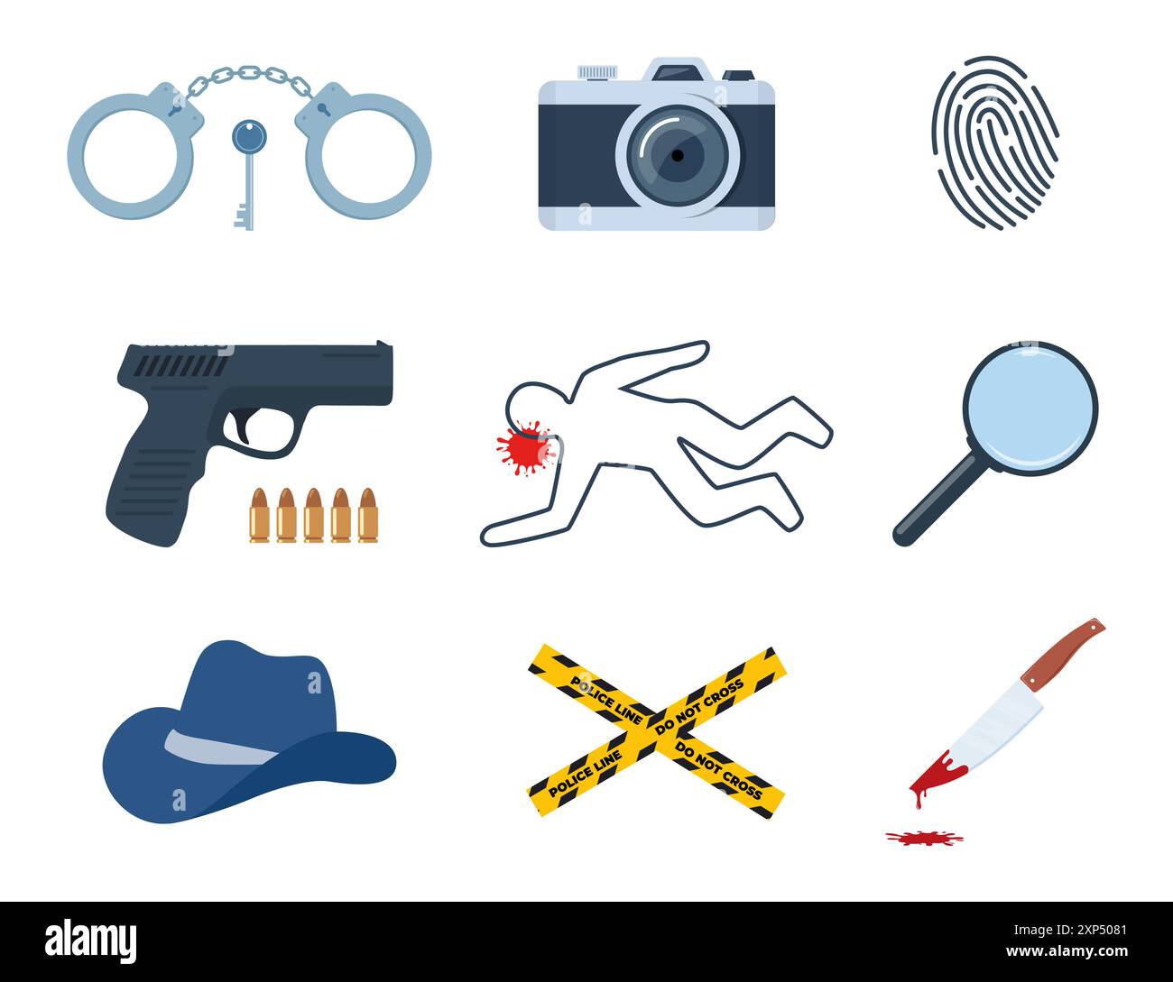 Murder investigation icon set. Police detective equipment. Investigation tools. Crime symbols ...