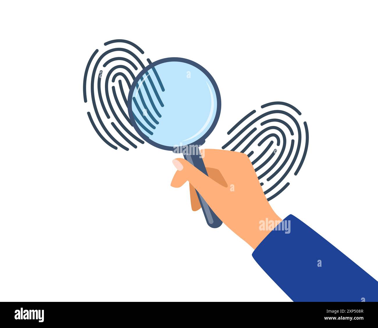 Man looking through magnifying glass at fingerprints. Hand holding ...