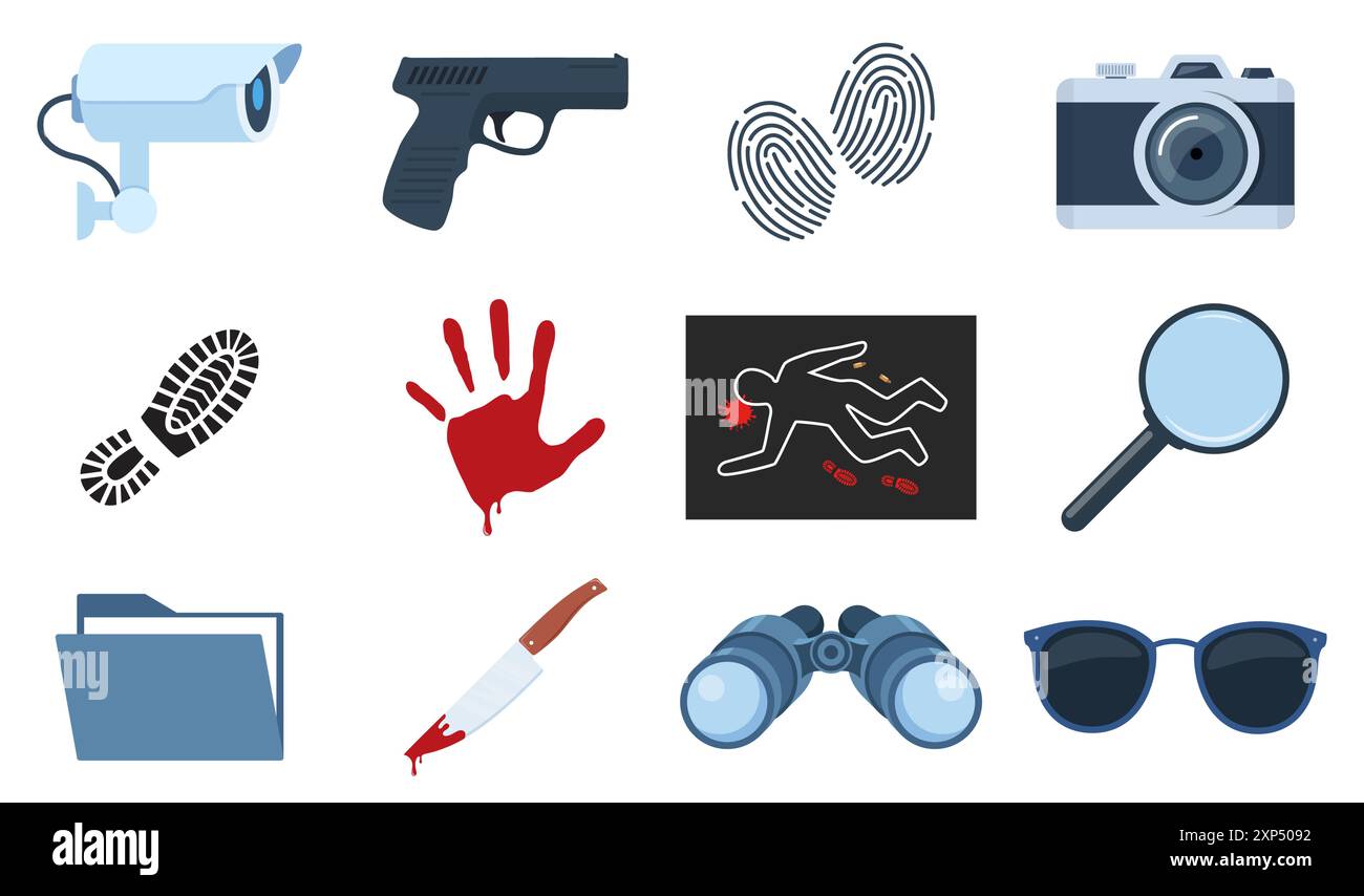 Murder investigation icon set. Police detective equipment. Investigation tools. Crime symbols ...