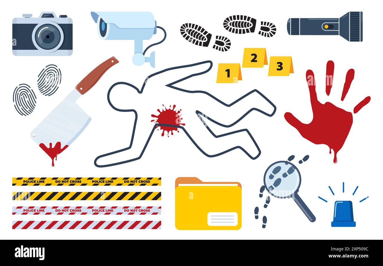 Murder investigation icon set. Police detective equipment. Investigation tools. Crime symbols ...