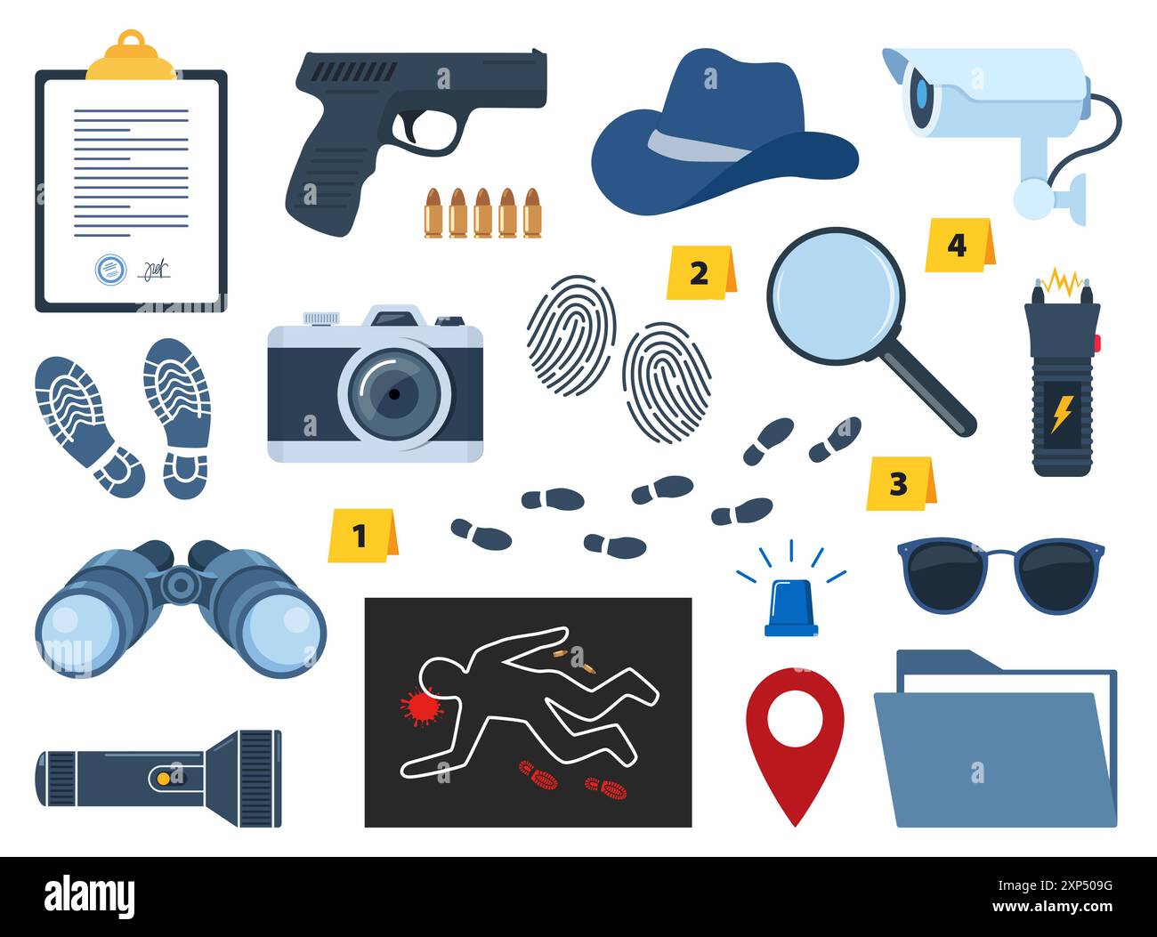 Murder investigation icon set. Police detective equipment. Investigation tools. Crime symbols ...