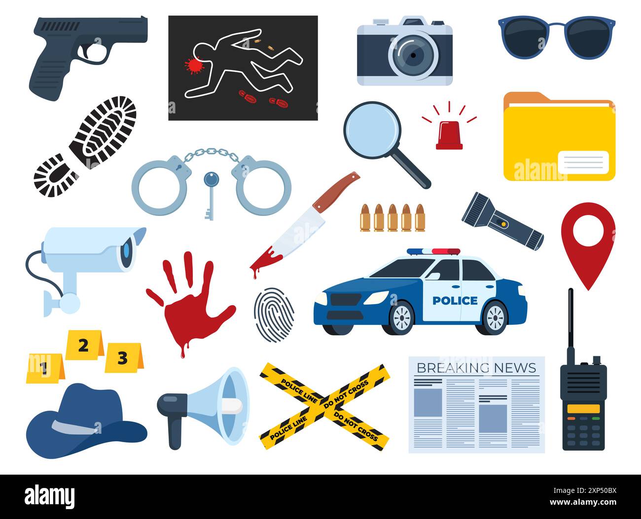 Murder investigation icon set. Police detective equipment. Investigation tools. Crime symbols ...