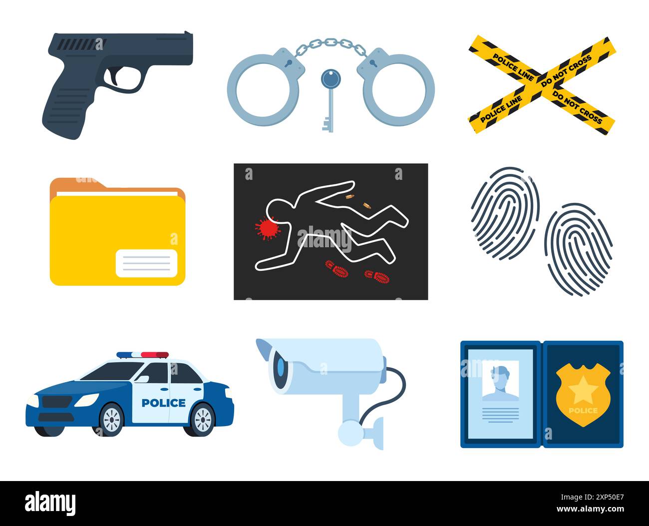 Murder investigation icon set. Police detective equipment. Investigation tools. Crime symbols ...