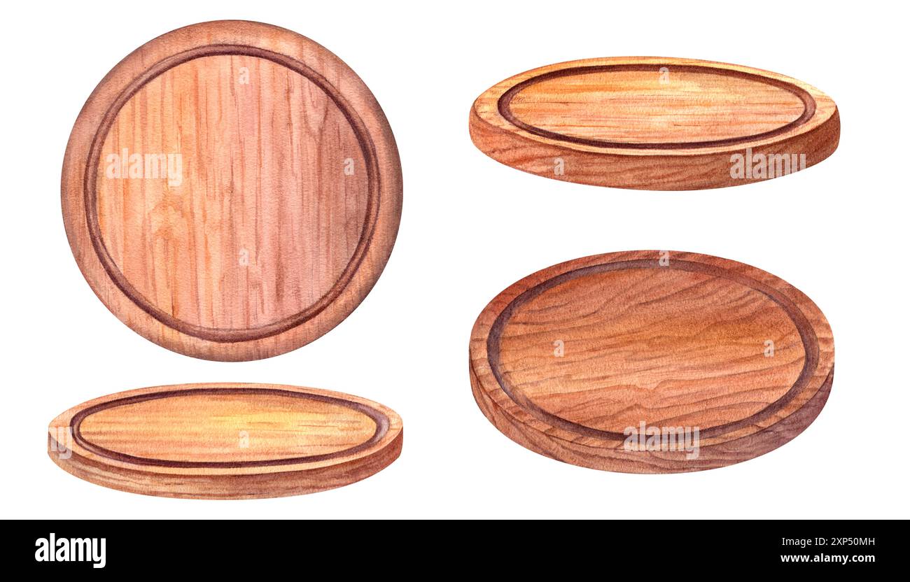 Wooden round trays set in different angles. Top and side views ...