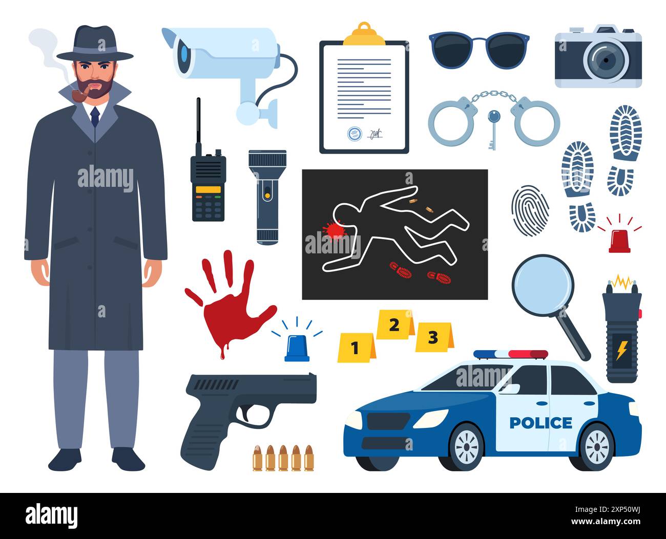 Police detective character and equipment. Investigation tools. Pistol ...