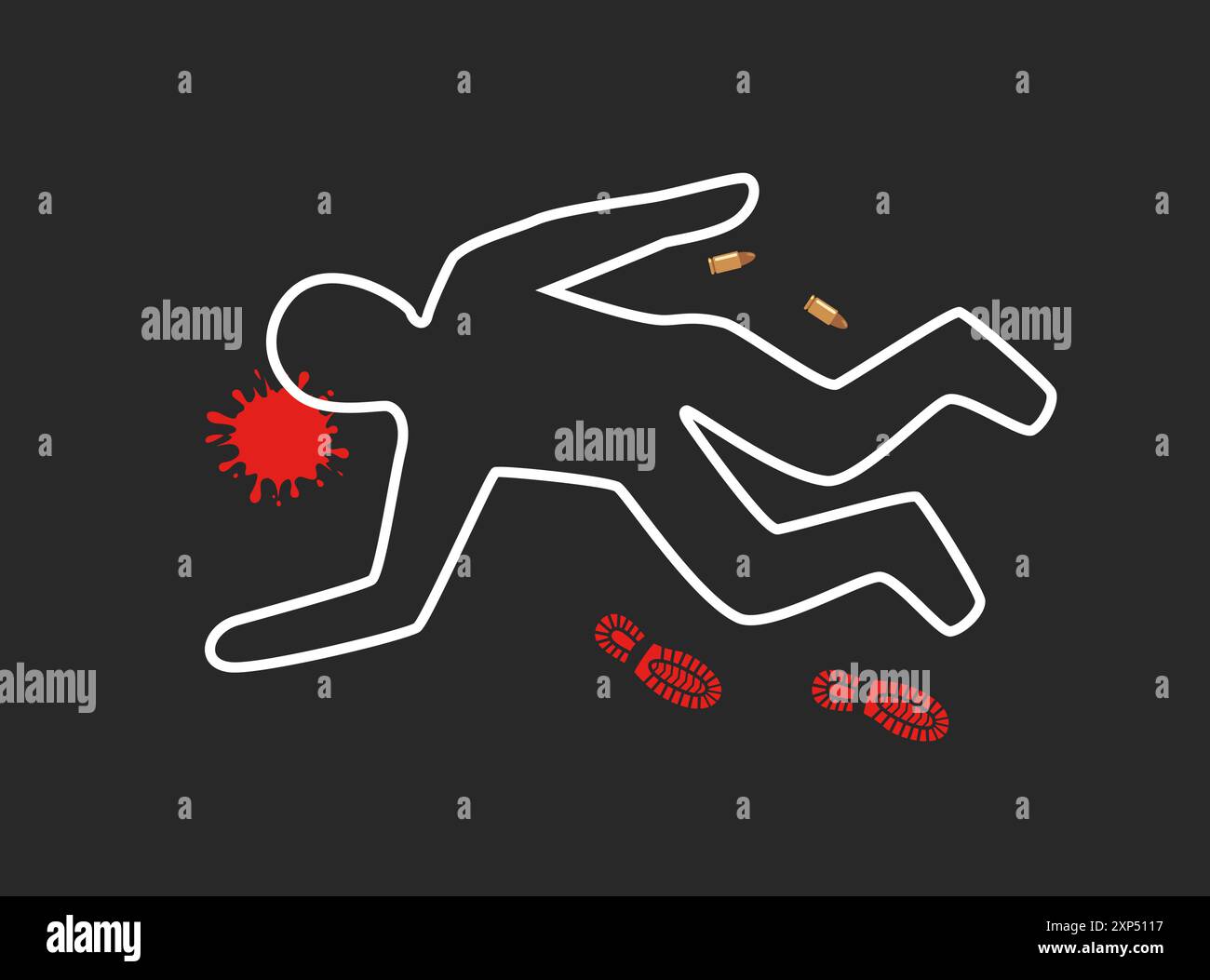 Chalk outlined murder victim illustration with evidences. Dead body ...