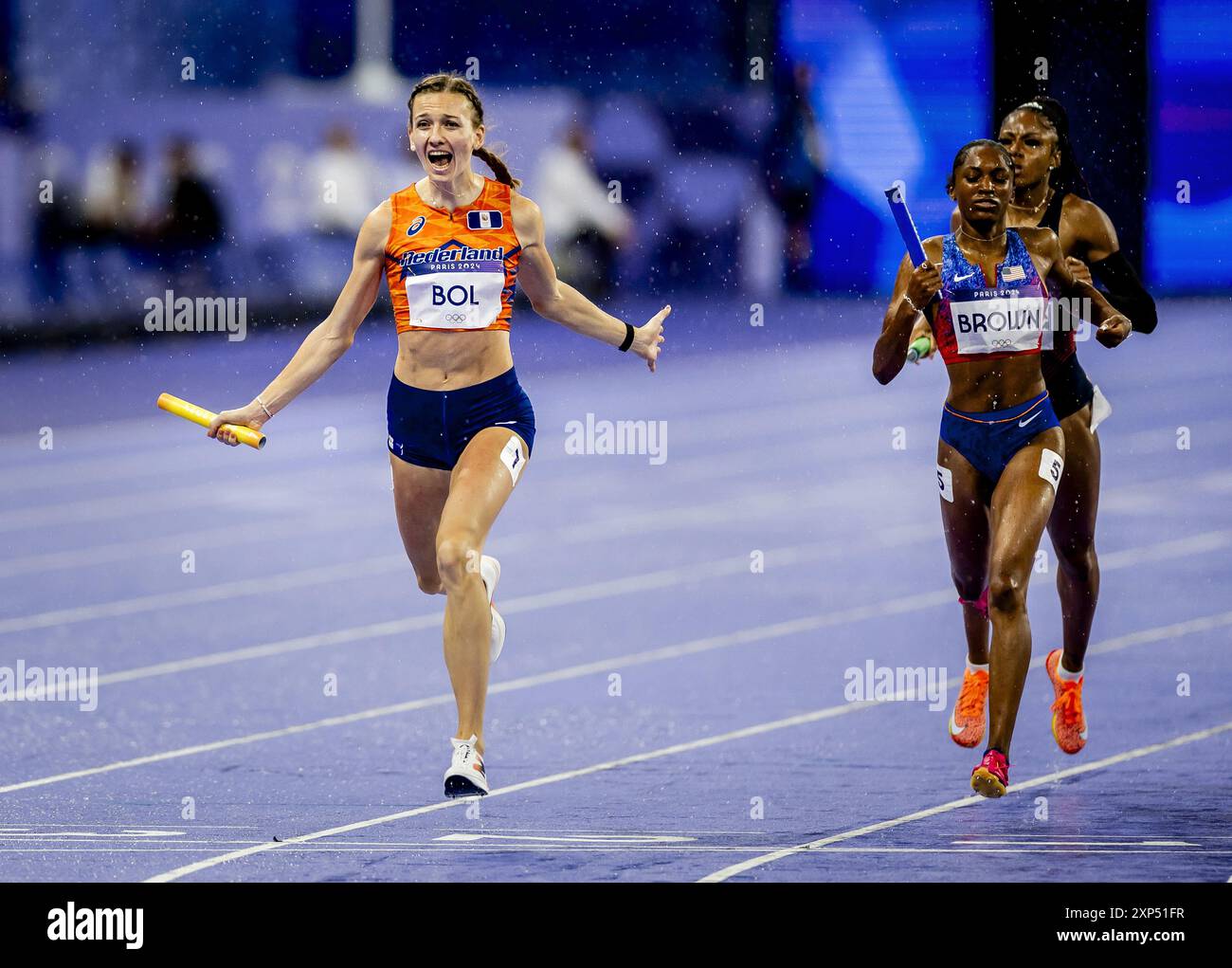 Paris, France. 3rd Aug 2024. PARIS - Femke Bol crosses the finish line ...
