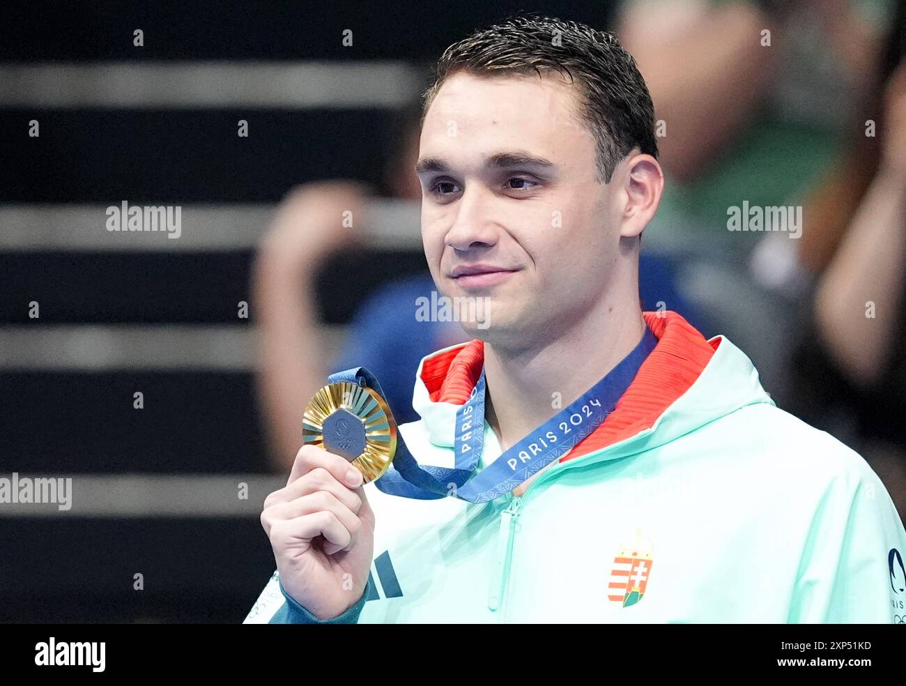 Paris, France. 03rd Aug, 2024. Kristof Milak of Hungary holds his gold ...