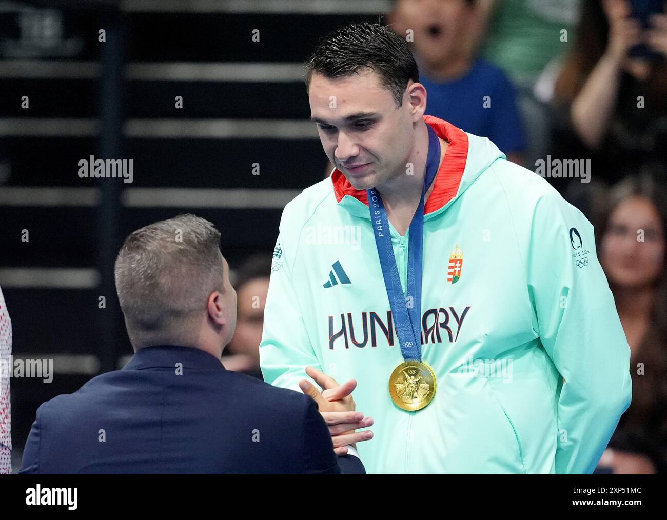 Paris, France. 03rd Aug, 2024. Kristof Milak of Hungary receives his ...