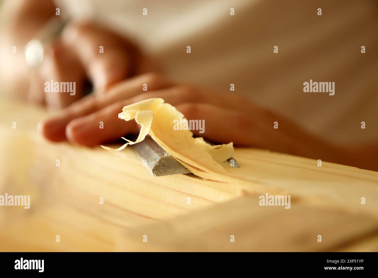 Hands holding a chisel and working on wood. Close-up of carpenters ...