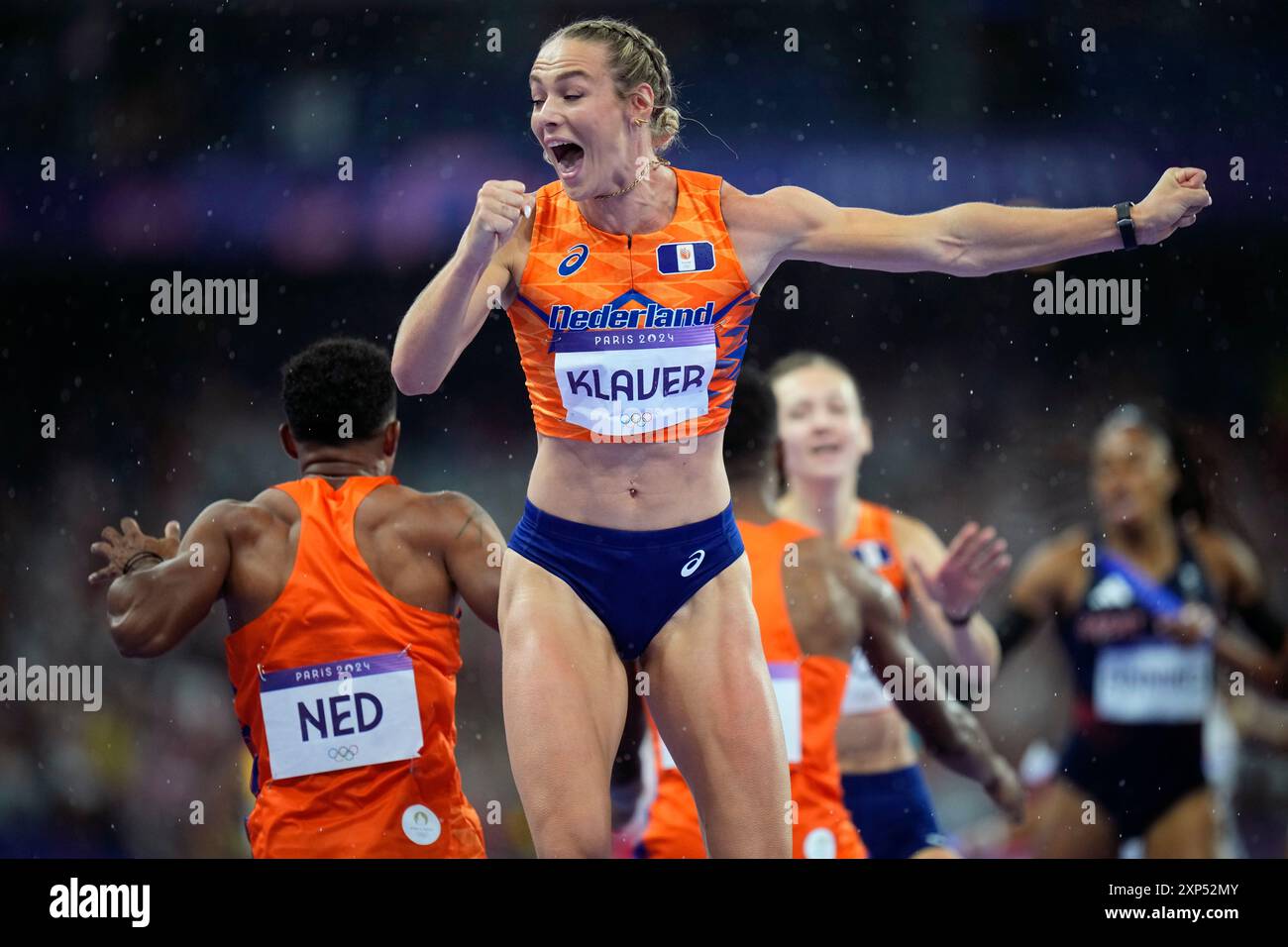 Lieke Klaver, of the Netherlands, celebrates after winning the 4x400 ...