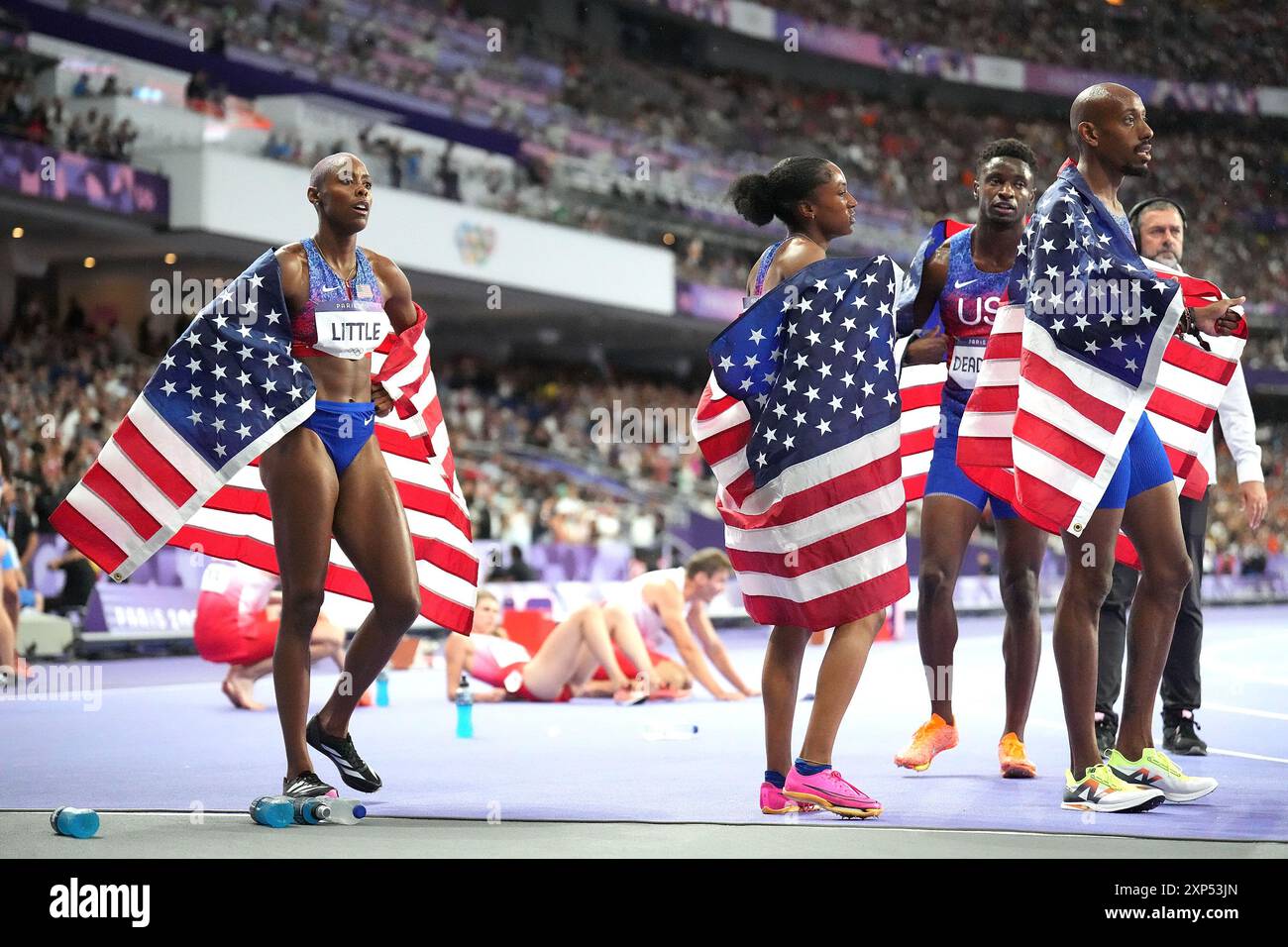 Paris, France. 3rd Aug, 2024. Team USA react after the 4x400m relay ...