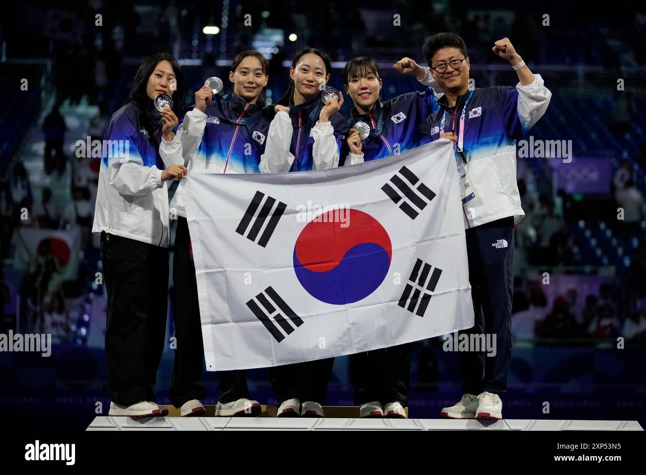 South Korea's fencers Yoon Jisu, Jeon Hayoung, Choi Sebin and Jeon ...