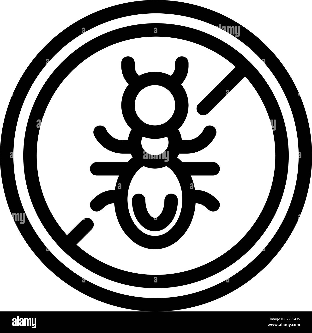 Black and white icon of an ant with a line through it, indicating a ...