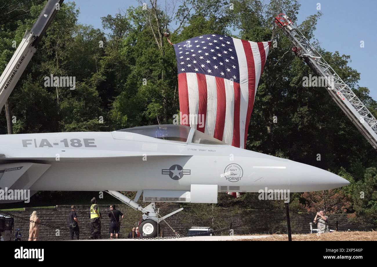 Kirkwood, United States. 03rd Aug, 2024. A large American flag is ...