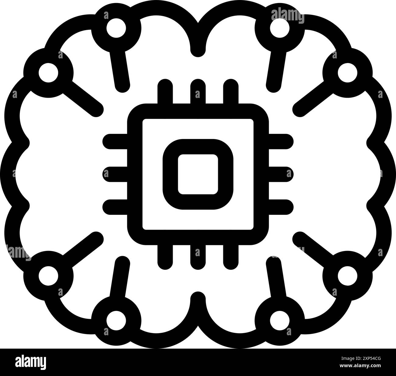Black and white icon of a cpu processing inside a brain, symbolizing artificial intelligence ...