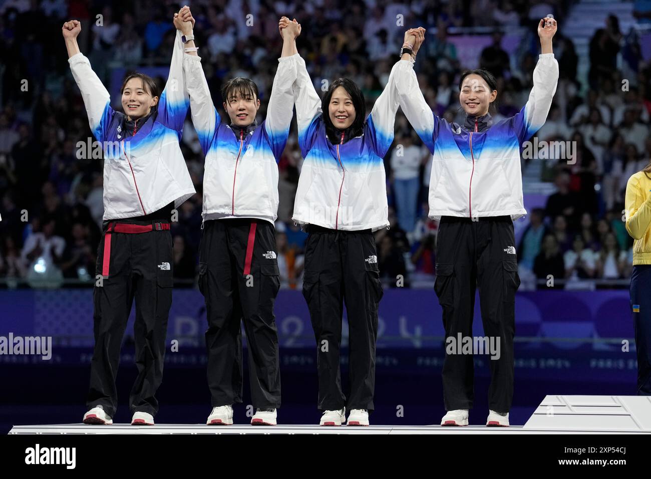 South Korea's fencers Yoon Jisu, Jeon Hayoung, Choi Sebin and Jeon ...