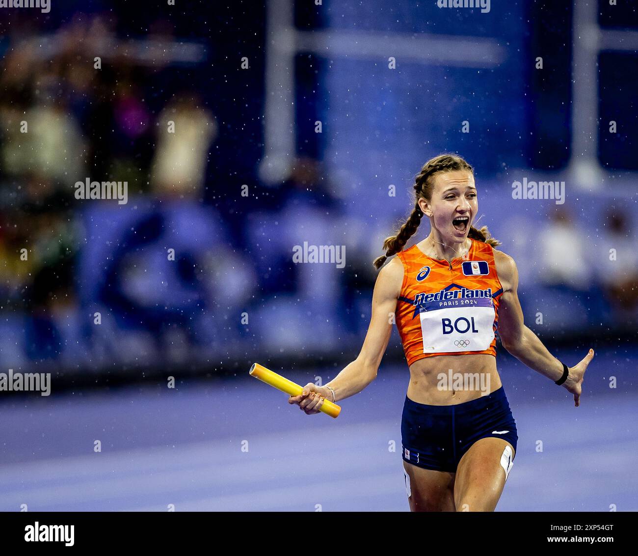 Paris, France. 3rd Aug 2024. PARIS - Femke Bol crosses the finish line ...