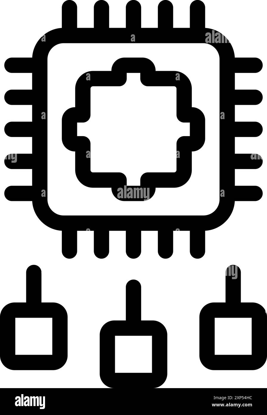 Line art icon of a computer chip managing three devices using ...