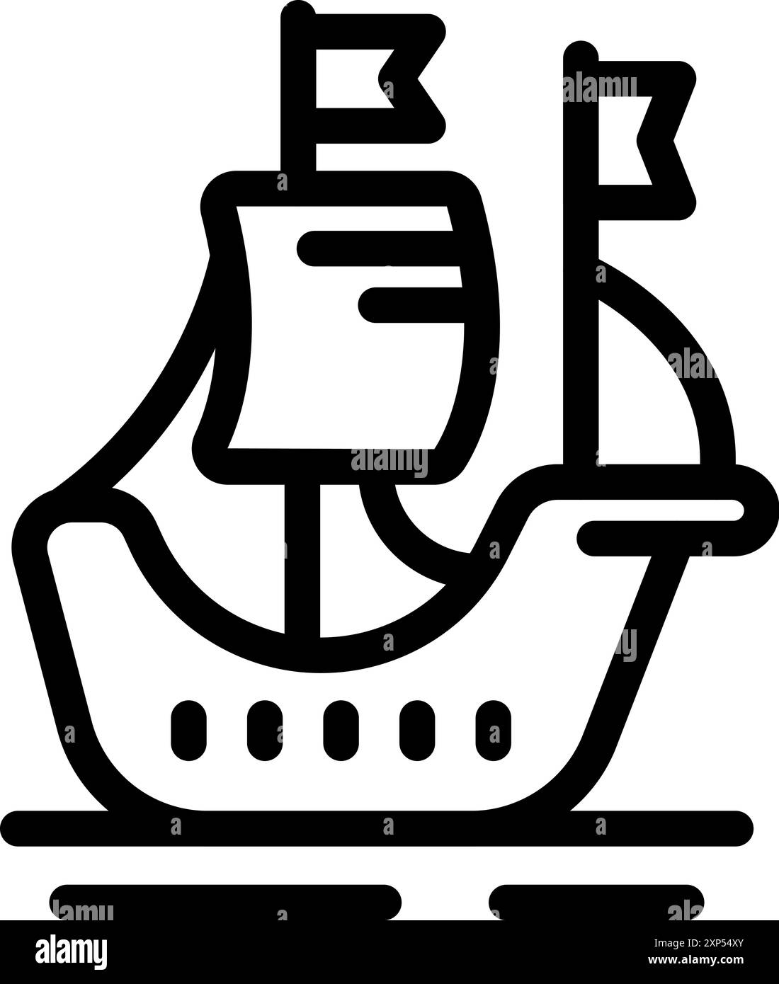 Ancient ship sailing on water with flags waving in wind line art icon ...