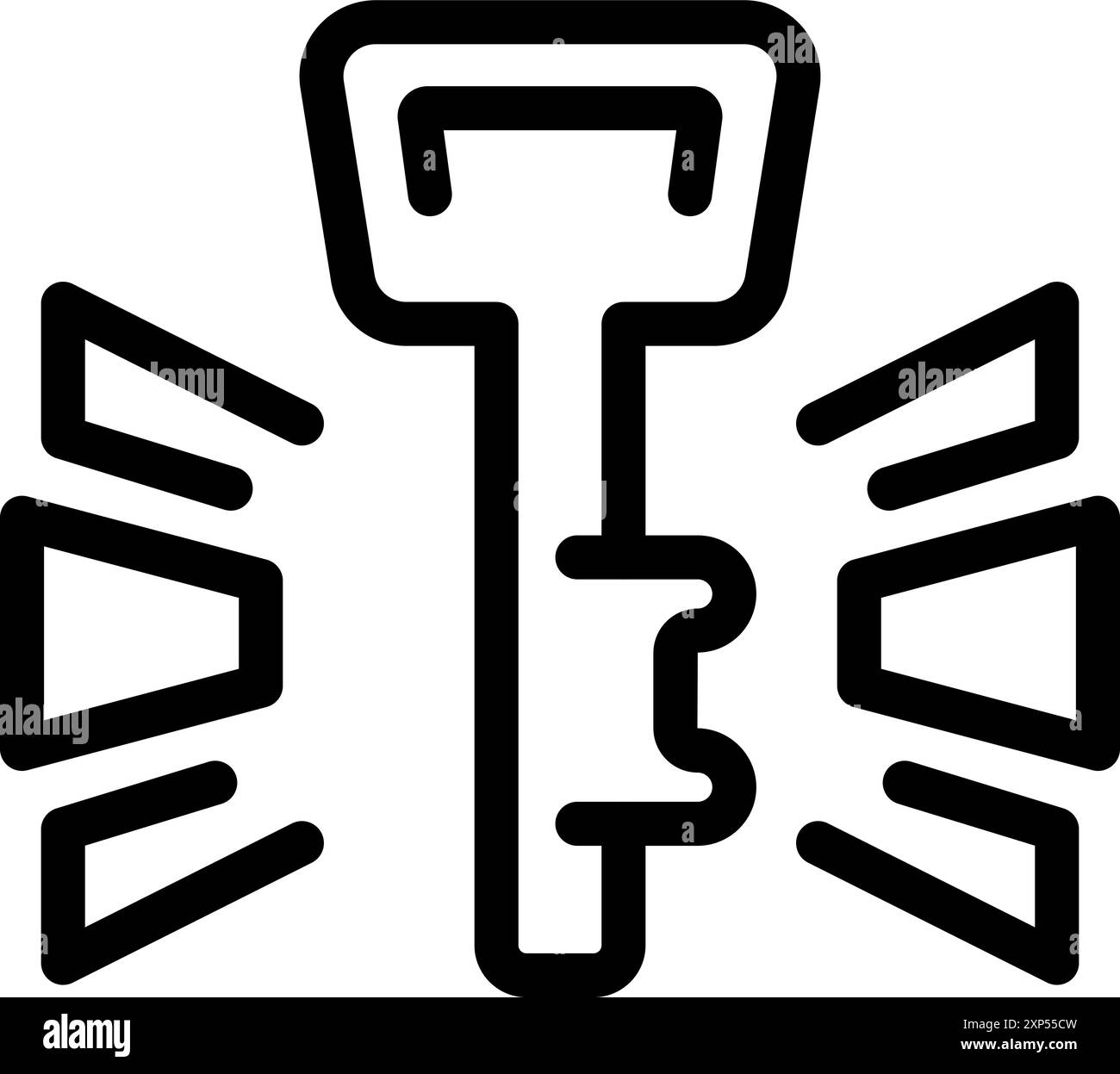 Simple black and white line art illustration of a key shining brightly, representing concepts ...
