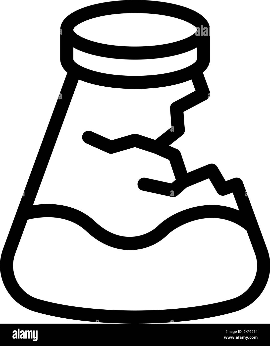 Simple, bold line icon of a cracked chemical flask, symbolizing a ...
