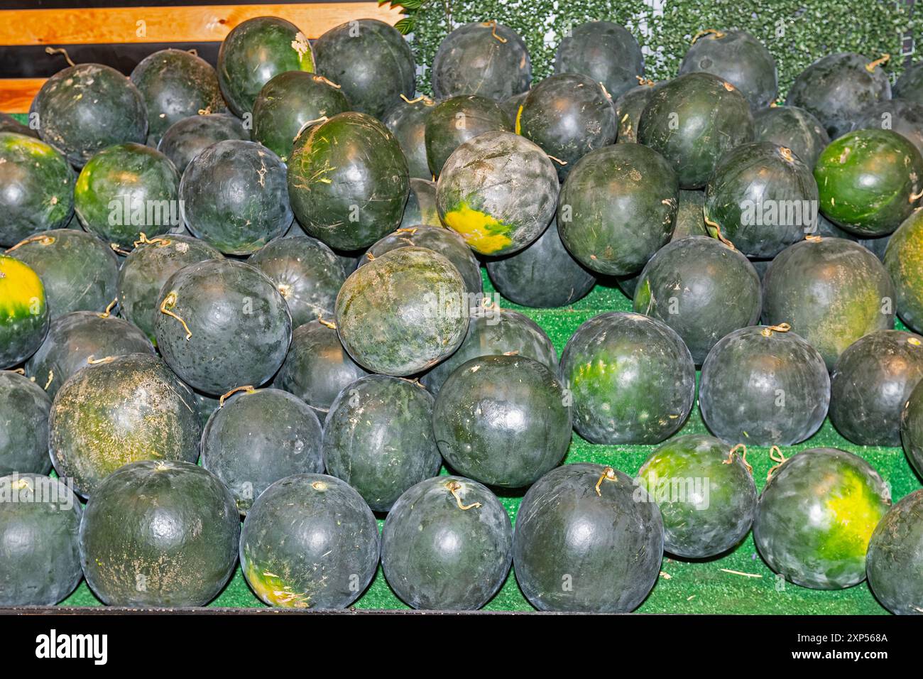 Fresh watermelons on supermarket shelves, Healthy fruit and drink ...