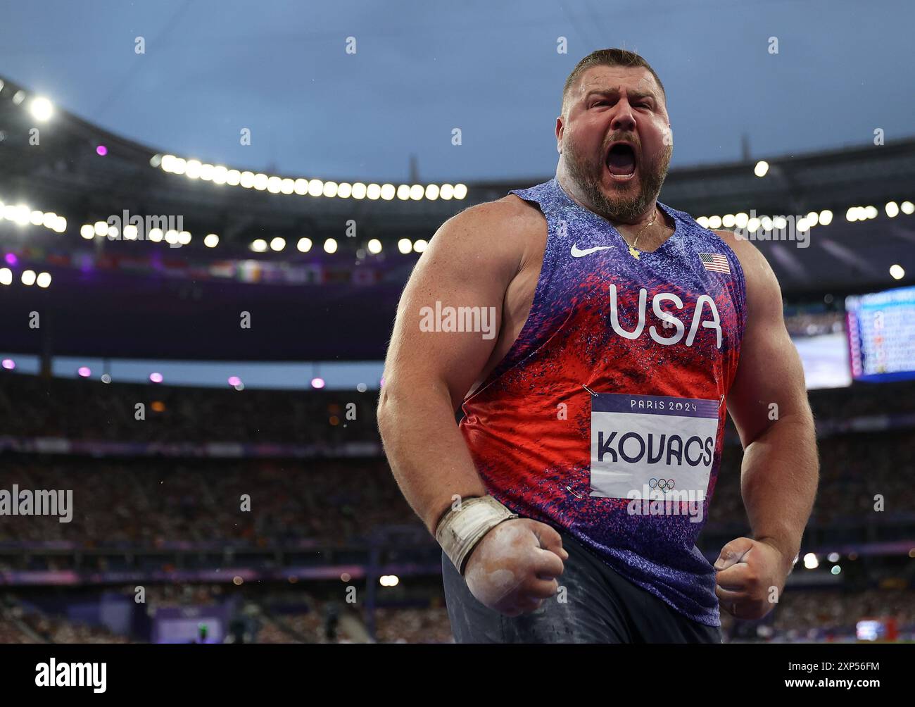 Paris, France. 3rd Aug, 2024. Joe Kovacs of the United States reacts ...