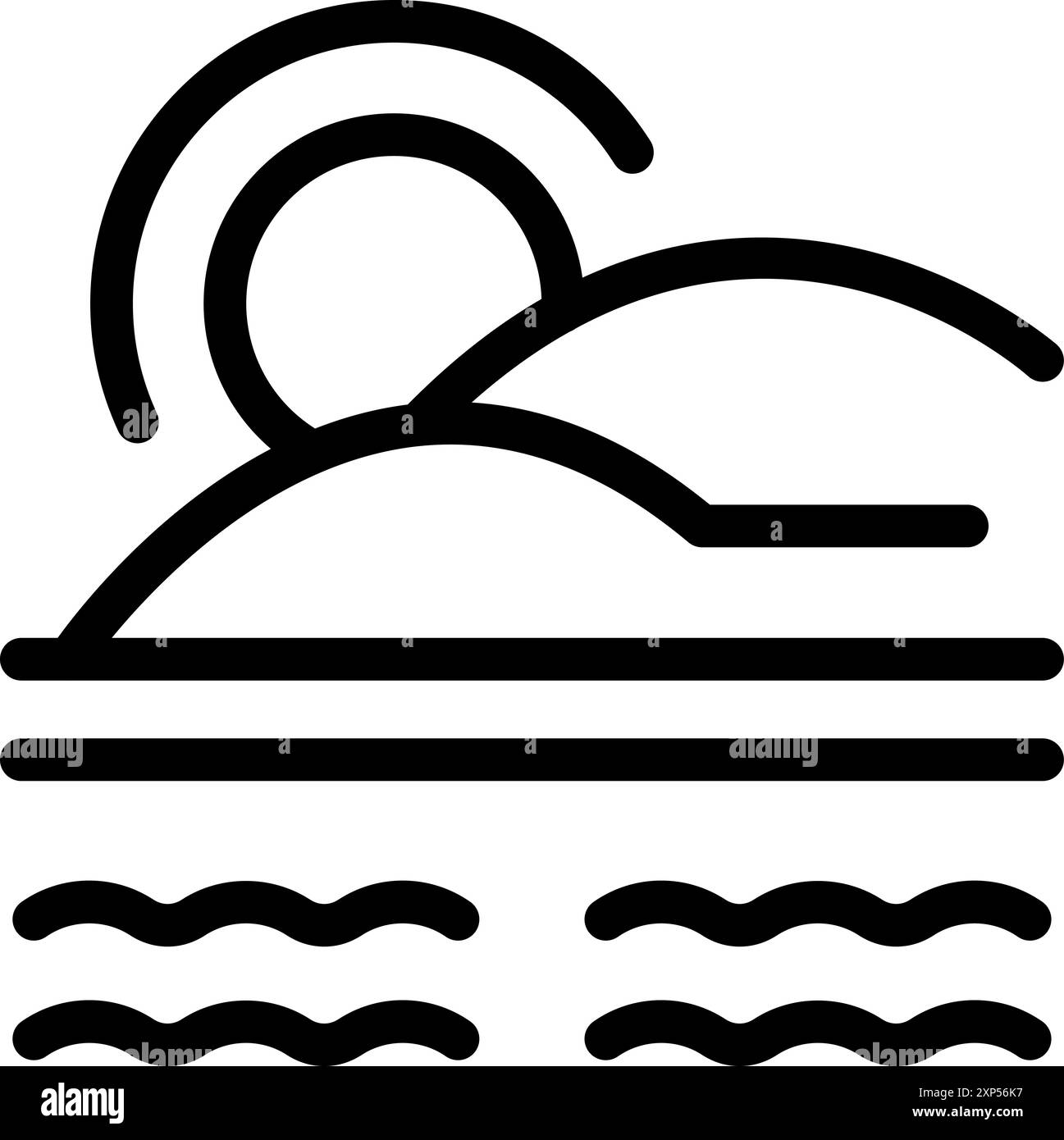 Simple line art depicting the sun rising over an island and reflecting ...