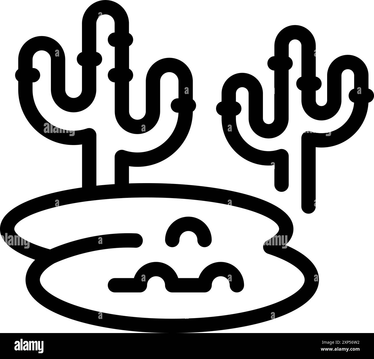 Simple line drawing of two cacti growing near a small oasis water ...