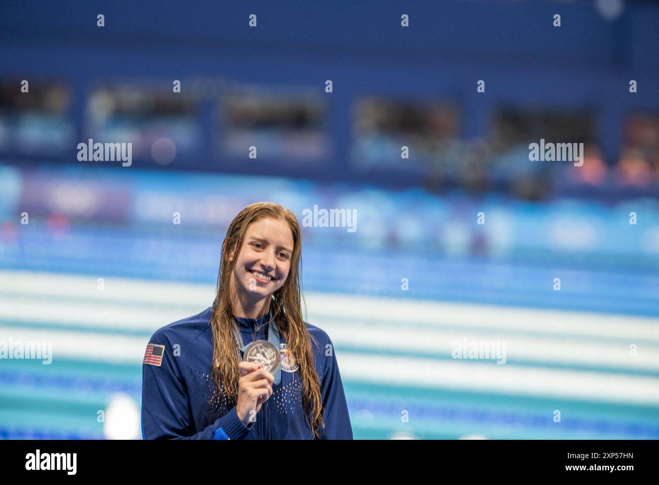 Paris, France. 03rd Aug, 2024. Katie Ledecky of Team USA with her gold ...