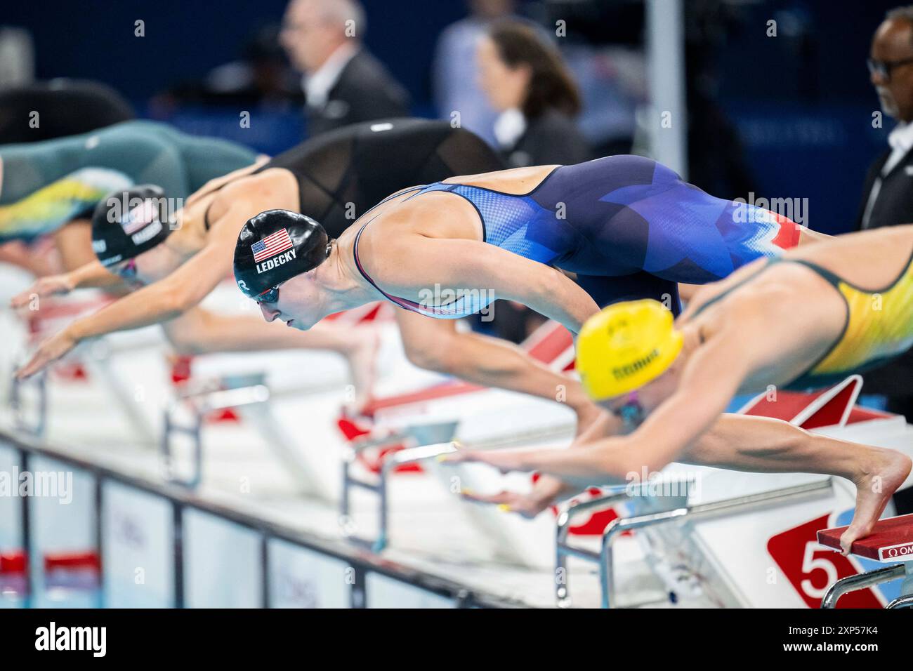 Paris, France. 03rd Aug, 2024. Katie Ledecky of Team USA compets the ...